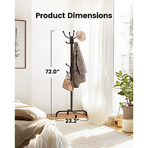Pipishell Coat Rack with 14 Hooks, Freestanding Coat Rack Stand for Entryway, Hallway, Bedroom, and Office, Metal Coat Tree & Hat Rack for Coats, Hats, and Bags, Brown