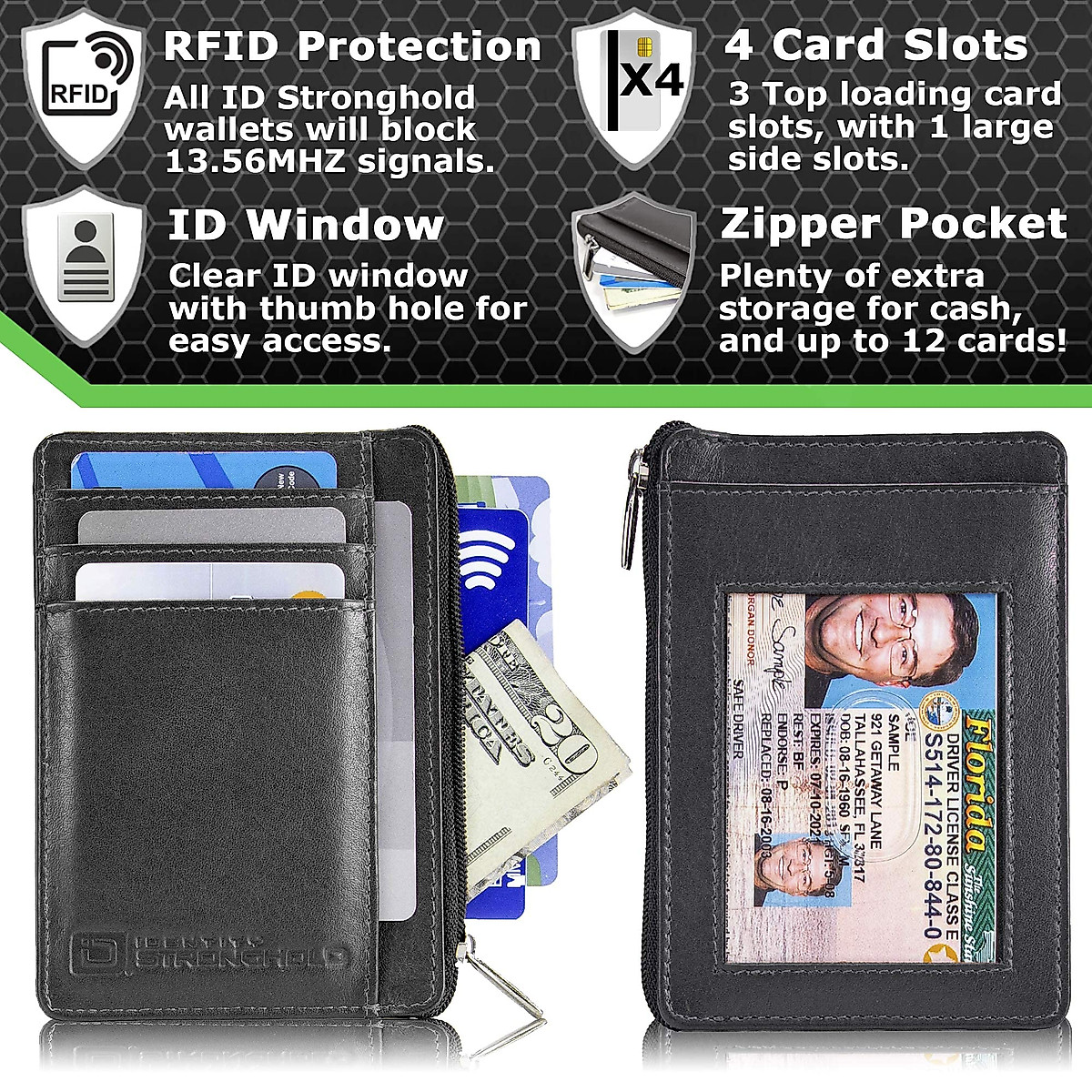 ID STRONGHOLD RFID Front Pocket Wallet Mini Minimalist Wallet Slim Wallet Genuine Leather with Zipper , Black , Small