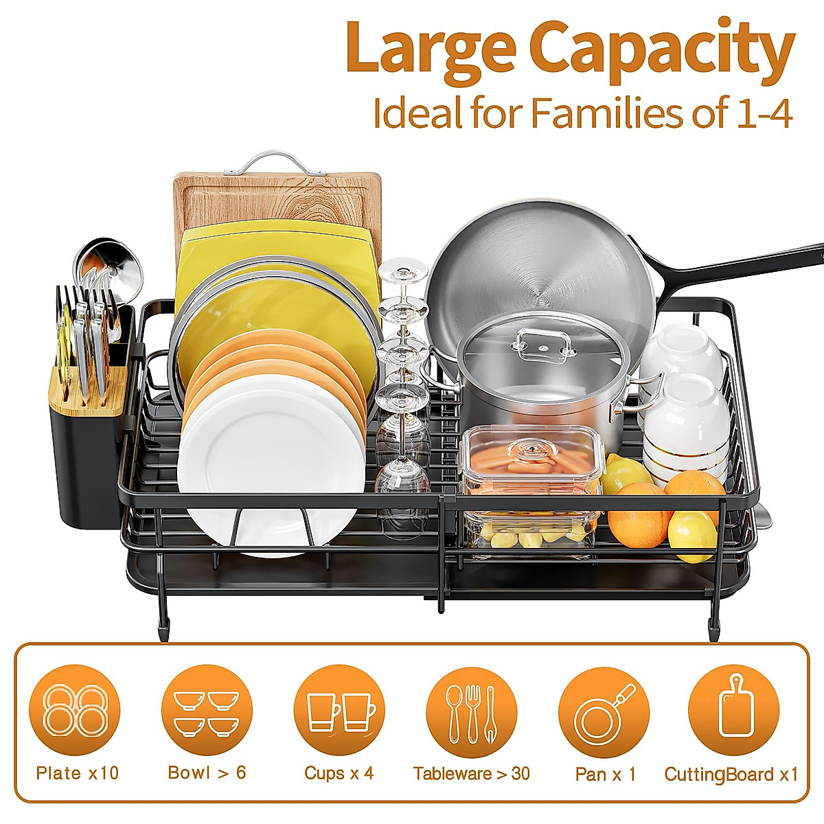 Urackify Expandable Dish Drying Rack for Kitchen Counter, Large Extendable Dish Rack with Bamboo Cover Cutlery Holder, Multifunctional Adjustable Dish Dryer Drainer with 270° Swivel Spout