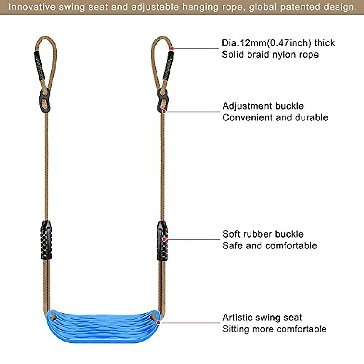 SELEWARE Plastic Swing Seat, Non Slip Tree Swing Set with Adjustable Rope and 2 Carabiners, Heavy Duty Playground Swing Set Accessories for Kid Indoor Outdoor Backyard, Blue