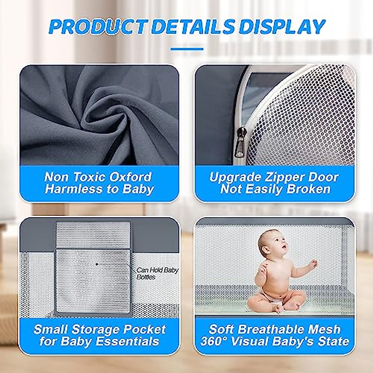 79" x 71" Baby Playpen with Mat - Baby Playards Extra Large Play Pen for Toddlers Safety Play Yard Indoor Activity Center with Hanging Bag, Zipper Gate, Soft Breathable Mesh (Gray)