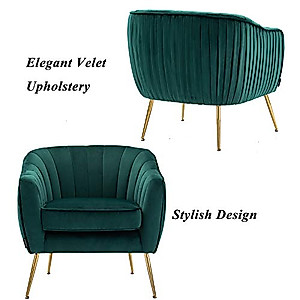 Artechworks Velvet Modern Tub Barrel Arm Chair Upholstered Tufted with Gold Metal Legs Accent Club Chair with Ottoman Footrest for Living Reading Room Bedroom, Green