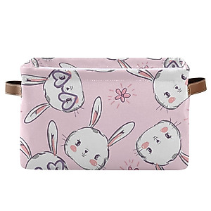 Aslsiy Toy Storage Basket Cute Bunny Nursery Bins Pink Flowers Baby Toys Box Canvas Clothes Shelf Basket Laundry Hamper Gift Basket for Home Dorm Closet 1 Pcs
