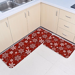 Briskdecor Kitchen Rugs - Winter Christmas Snowflake Red Cushioned Anti Fatigue Comfort Standing Kitchen Rugs for Floors, Non-Skid Waterproof Kitchen Mat, 20"x24"+20"x48"