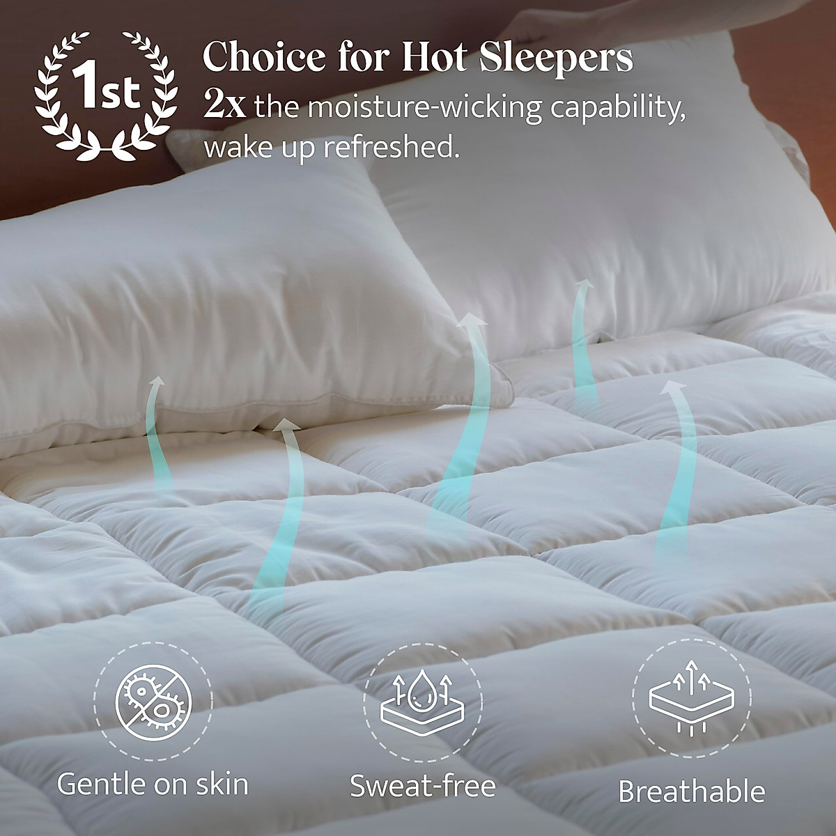 Double Stitch Cooling Mattress Topper - Soft 300 Thread Count Tencel Lyocell Cotton Blend, Elastic Straps Stretch Up to 21 Inch, Breathable Down Alternative Fill Pillowtop Mattress Pad - King