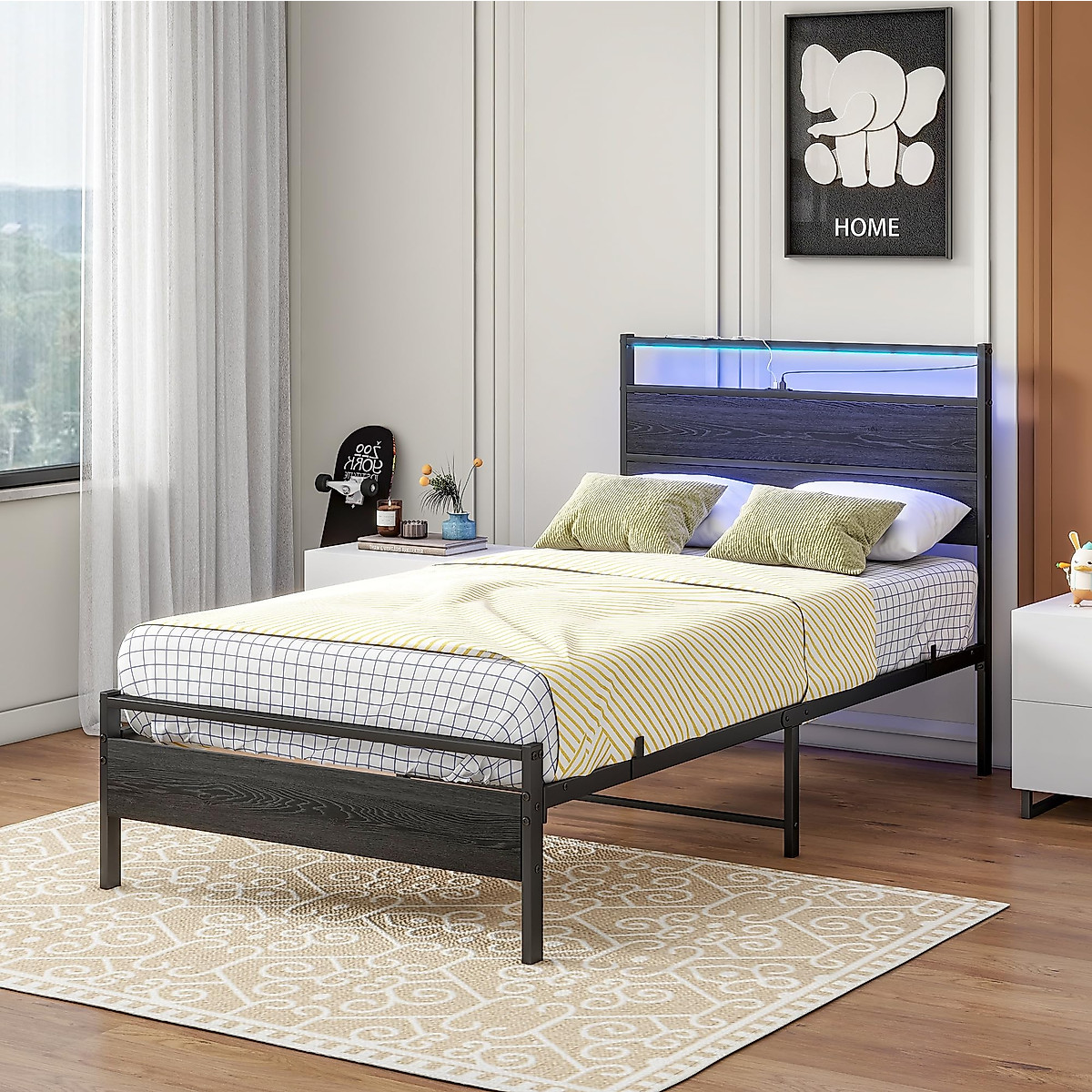 Twin Bed Frame with Headboard/LED Lights,Metal Bed Frame Twin Size with Charging Station,Twin Platform Bed Frame Twin Size No Box Spring Needed,Beds Base,Heavy Duty Metal Slats Support,No Noise,Black