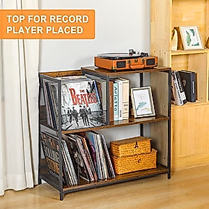 Huxitocan 3 Tier Record Player Stand Holds Up to 300 Albums with 4 Adjustable Divider for Turntable Stand, Large Vintage Record Player Table with Vinyl Record Holder Cabinet-Patent Pending