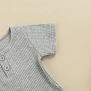 Infant Baby Boys Girls Summer Outfits Ribbed Knitted Cotton Short Sleeve Romper Jumpsuit Shorts Newborn 2 Piece Clothes Set (E Gray , 0-3 Months )