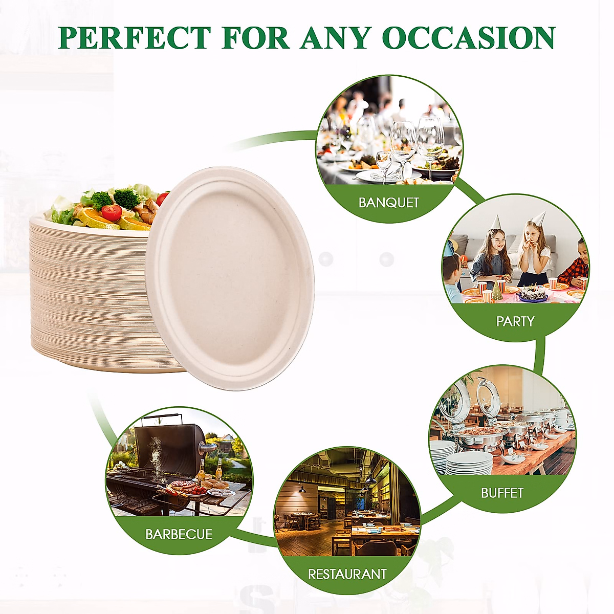 Vplus 100% Compostable Oval Paper Plates 12 inch 120 Pack Super Strong Disposable Dinner Plates Natural Biodegradable Eco-Friendly Sugarcane Plates for BBQ, Party, Gathering, and Picnic