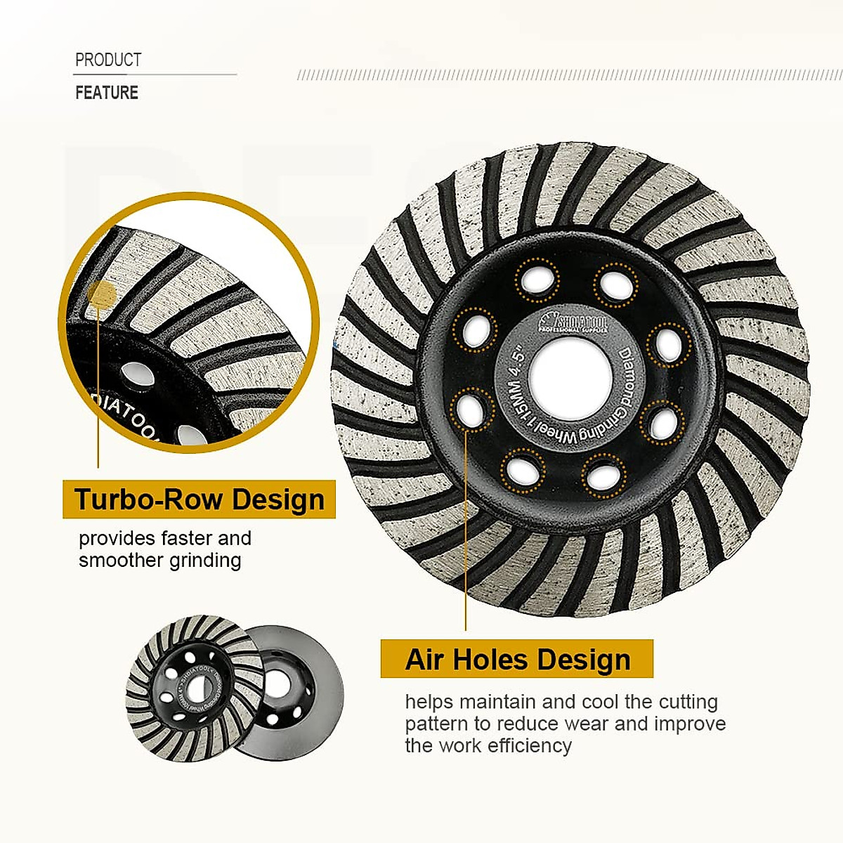 SHDIATOOL Diamond Turbo Saw Blade 5 - Inch Cutting Disc for Porcelain Ceramic Tile and 4-1/2 Inch Turbo Row Diamond Grinding Cup Wheel for Concrete