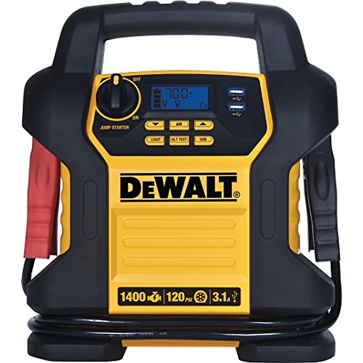 DEWALT DXAEJ14 Digital Portable Power Station Jump Starter: 1400 Peak/700 Instant Amps, 120 PSI Digital Air Compressor, 3.1A USB Ports, Battery Clamps , Yellow