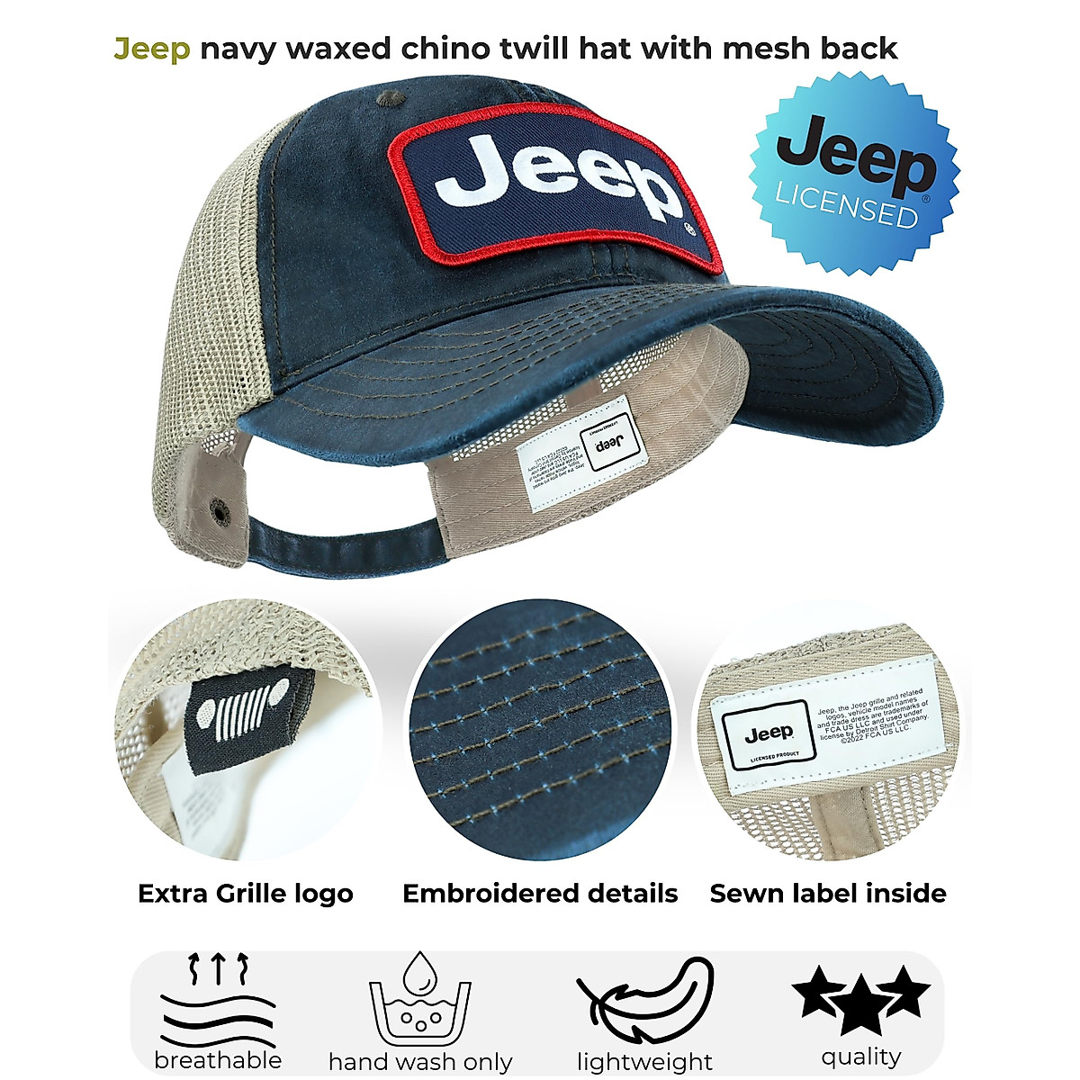 Jeep Premium Navy Waxed Chino Twill/Lightweight Khaki Mesh Patch Hat - Navy/Khaki