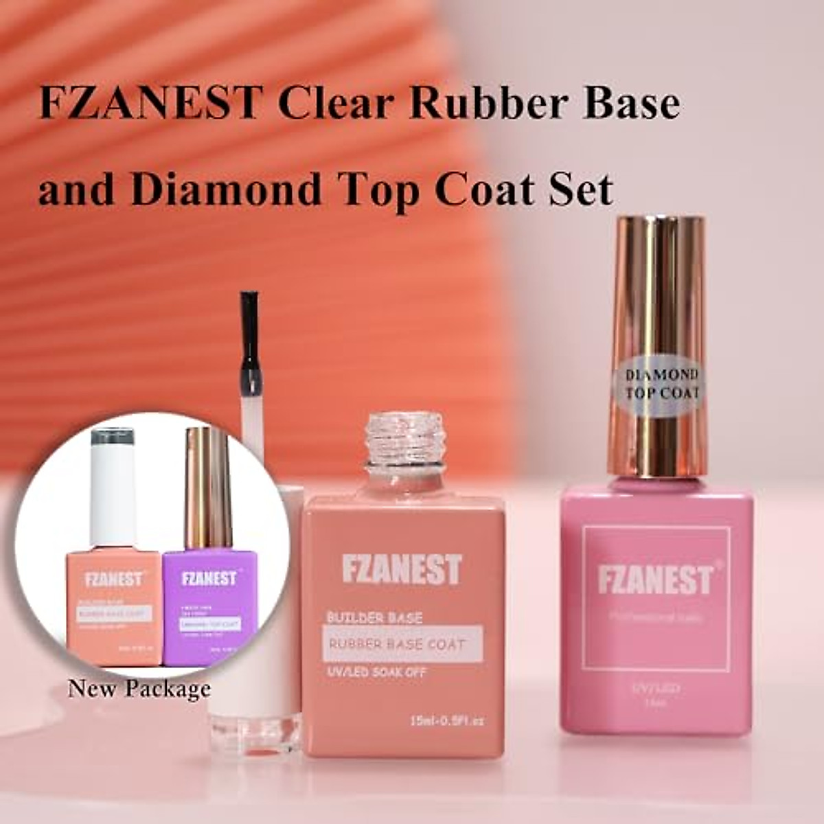 FZANEST Diamond Gel Top Coat and Clear Rubber Base Gel Polish For Nails Set,Builder Base Gel In A Bottle and No Wipe Top Coat Nail Polish Kit,Long Lasting Base Coat Ultra Shine Finish UV LED Soak Off