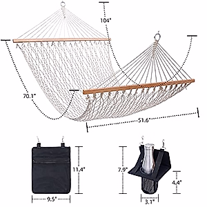 Cotton Rope Hammock with Tree Straps Kit, Ohuhu 52-Inch Wide 2 Person Hammocks for Outside with Bottle Holder & Side Pocket, All-in-One Double Hammock for Indoor Outdoor Garden Patio Yard Balcony