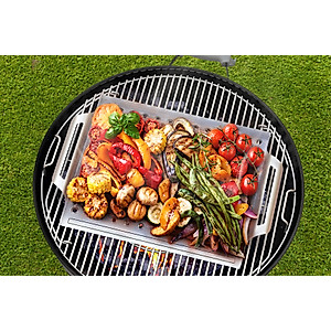 Onlyfire Stainless Steel Grill Basket, Nonstick BBQ Grill Tray Topper Grid Grilling Pan with Perforated Bottom and Handles for Seafood, Meats, Vegetables, Great for Most Grills and Smokers