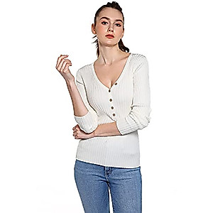 AmélieBoutik Women V Neck Henley Long Sleeve Pullover Ribbed Sweater (Ivory Large)