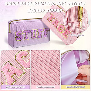 4 Pcs Makeup Bags Chenille Letter Patch Cosmetic Bag Portable Travel Zipper Pouch Small Organizer Makeup Bag Set for Women (Purple, Pink, White, Green, Fresh)