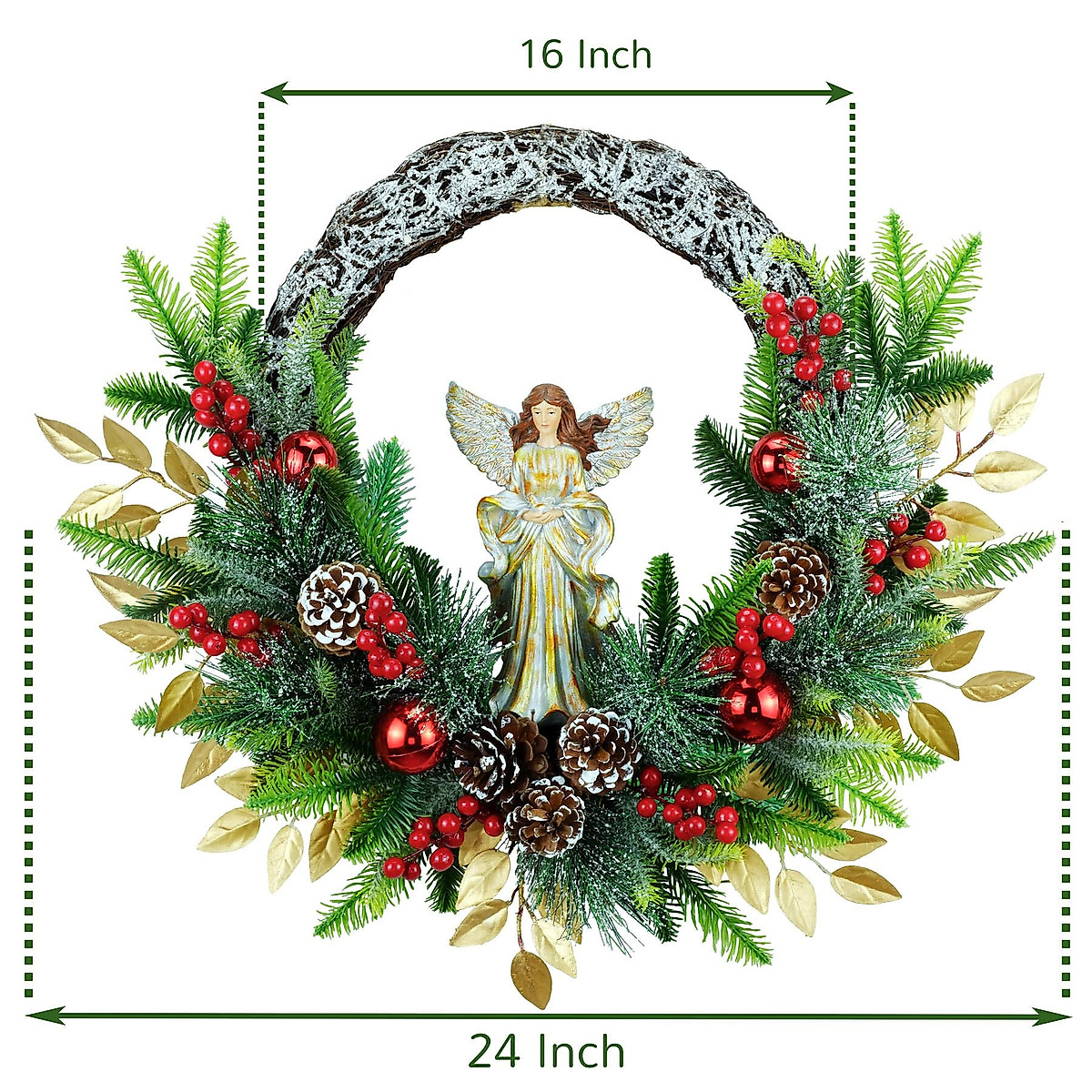 24" Angel Christmas Wreath, Artificial Holiday Wreath with Resin Angel Statue, Natural Rattan Ring & Pine Cones, Golden Leaves, Red Baubles, Spruce Branches, Snowy Pine Needles (Angel)