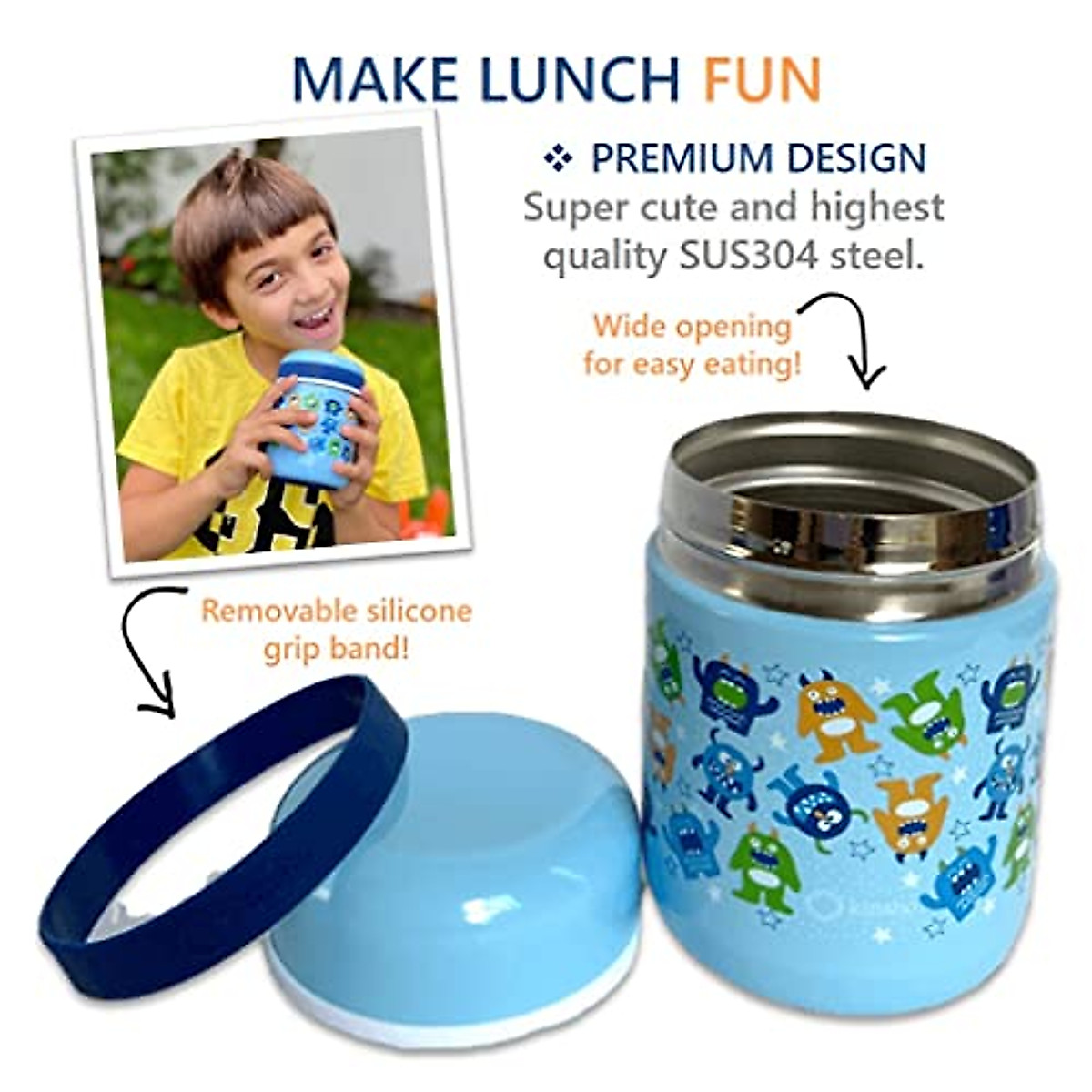 Thermos for Hot Food, Kids Lunch Insulated Stainless Steel Wide Mouth Jar, Boys Soup Container, Toddlers Day Care Pre-School, Leakproof Easy Grip Thermal Vacuum Seal 10 oz 300 ML (Blue Mini Monster)
