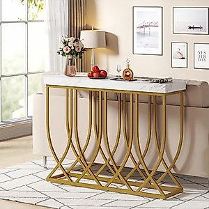 Tribesigns Gold Console Table, Modern Faux Marble Veneer Entryway Foyer Table, 39.4” Narrow Sofa Accent Table with Geometric Metal Legs for Living Room, Hallway, Entrance, White & Gold