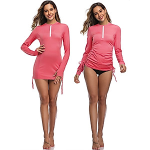 HISKYWIN Women's Long Sleeve UV Sun Protection Rash Guard Side Adjustable Wetsuit Swimsuit Top HF805-Pink-L