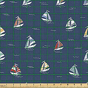 Ambesonne Maritime Fabric by The Yard, Minimal Colorful Sailboats Pattern of Line Art Waves Ocean Themed, Decorative Fabric for Upholstery and Home Accents, 1 Yard, Dark Sky Blue Multicolor