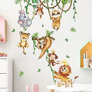 Runtoo Jungle Animal Wall Decals Monkey Koala Lion Wall Art Stickers for Nursery Kids Bedroom Home Decor