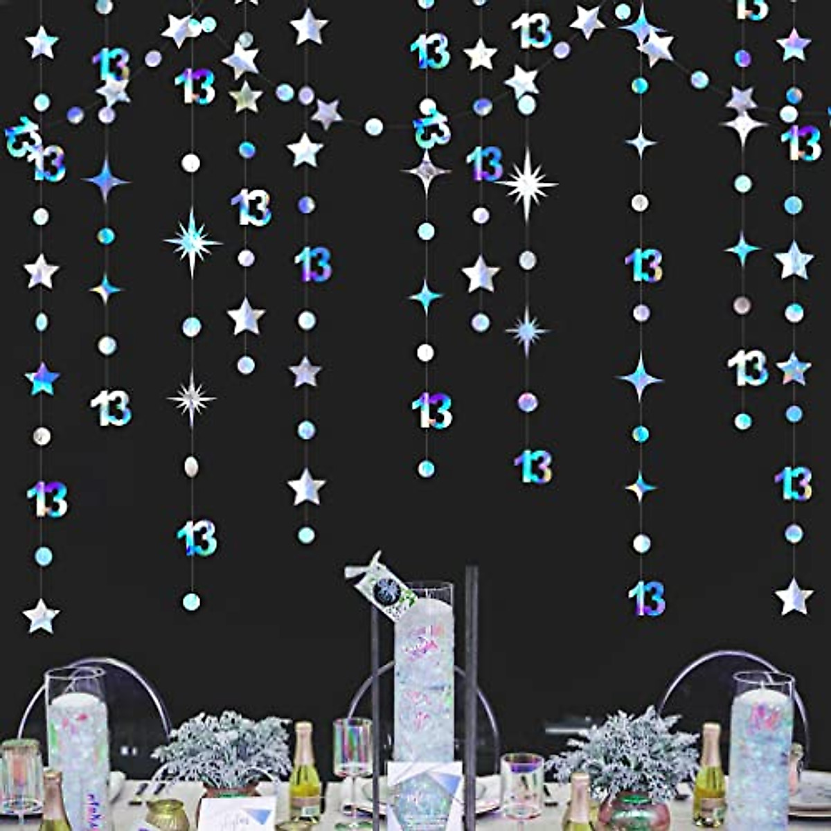 Iridescent 13th Birthday Decorations Number 13 Circle Dot Twinkle Star Garland Metallic Hanging Streamer Bunting Banner Backdrop Girls 13 Year Old Birthday Thirteen Official Teenager Party Supplies