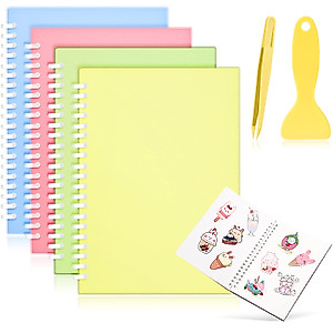 4 Pieces Sticker Collecting Book Album Reusable Sticker Book with a Plastic Spatula and Tweezer A5 Size 8.3" x 5.8" Christmas Notepads Sticker Collection Labels Accessories (Pink, Blue, Yellow, Green)