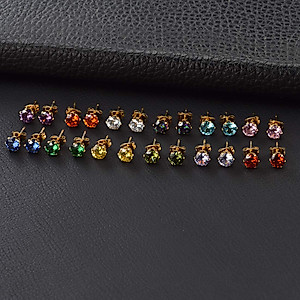 TIYAMILA Gold Plated Birthstone Stud Earrings 316L Stainless Steel CZ Stud Earrings for Women, Coloful Round Cubic Zirconia Stud Earrings, CZ Earrings Set 4mm, 5mm, 6mm, 7mm With Gift Box - 6MM