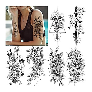 Cerlaza Large Temporary Tattoos Women with Sexy Rose Peony, Waterproof Temp Tattoo Body Art Stickers for Arm Back, Black Fake Tattoos That Look Real and Last Long for Women Girls Adult - 6 Styles