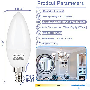 comzler 6W Candelabra LED Bulb, Small Base E12 LED Bulb 60 Watts Equivalent,Chandelier Light Bulbs Type B Light Bulb Daylight 5000K, Pack of 6, Non-Dimmable