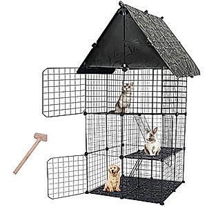 PINVNBY Metal Mesh Small Animal Cage 3-Tier Rabbit Wire Pen Fence with Ramps Pet House with Doors Cats Playpen for Kitty Puppy Bunny for Indoor Use (Black)