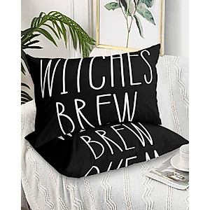 Edwiinsa Halloween Pillow Covers King Standard Set of 2 Bed Pillow, White Words Witches Brew Horror Black Plush Soft Comfort for Hair/Skin Cooling Pillowcases with Envelop Closure 20''x36''