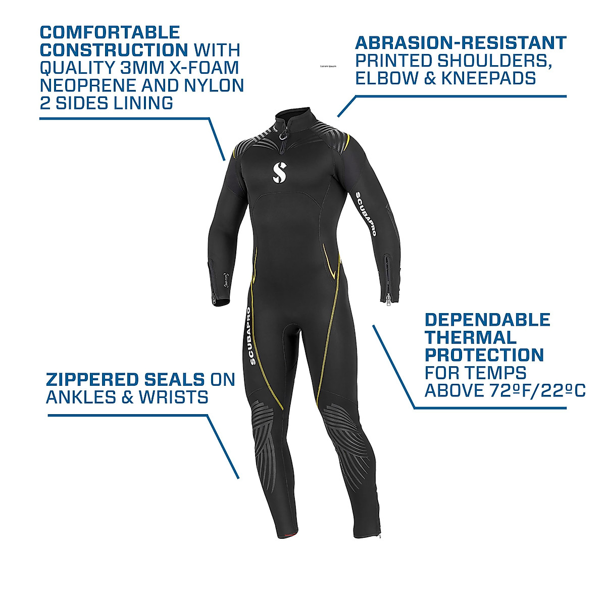 SCUBAPRO Definition Steamer Scuba Diving Wetsuit, 3mm Men Back Zip Neoprene, XL, Black/Yellow