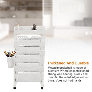 DULRLLY 6 Tier Movable Book Rack Storage Bookshelf Rolling Utility Cart Bookcase Organizer Removable Bookshelfs with Wheels Multifunctional Book Cart File Storage Book Shelf for Office Bedroom(White)