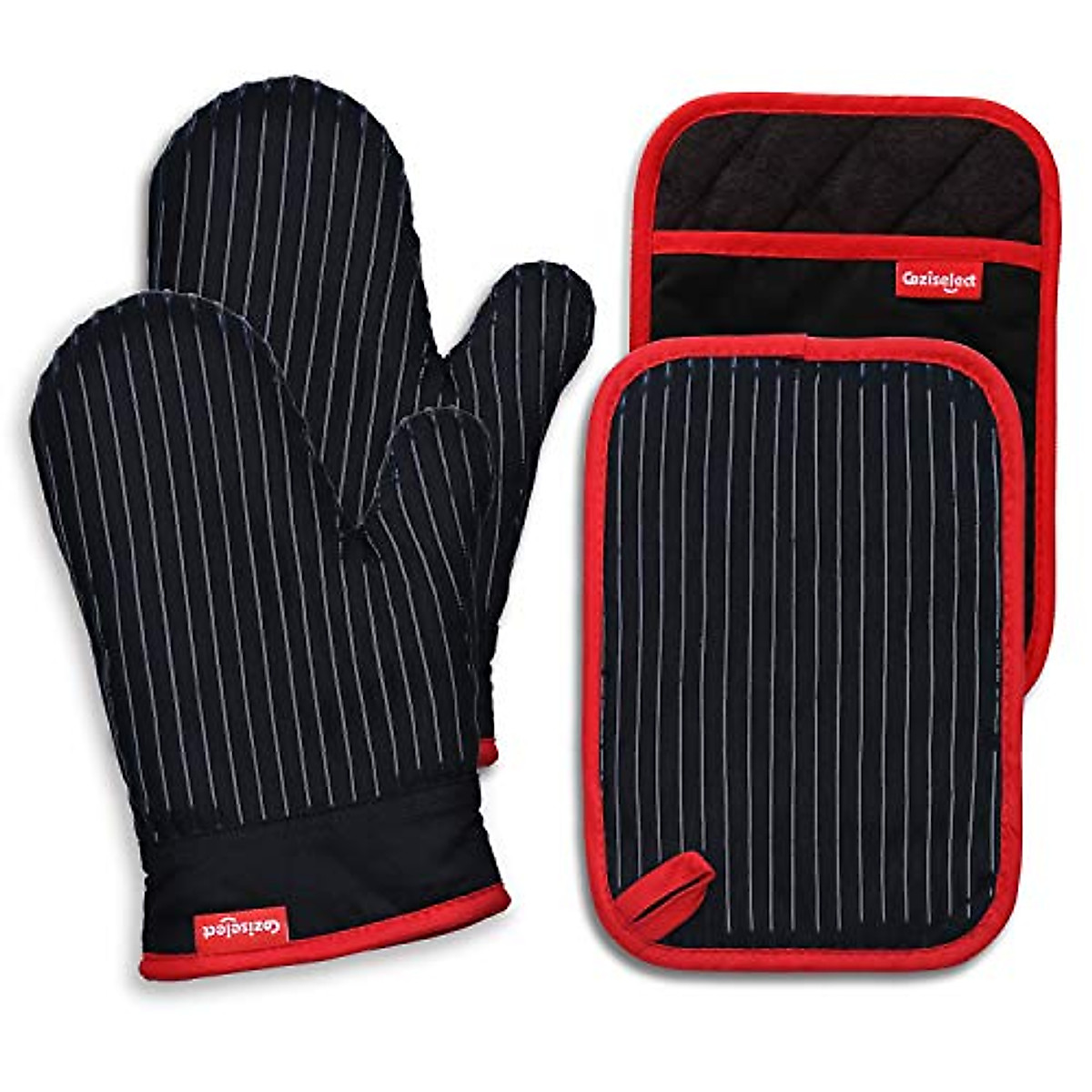 Oven Mitts and Pot Holders Set, Heat Resistant Oven Mitts Gloves Set Hot Pads for Kitchen Cooking Grill, Pure Cotton and Terrycloth Lining, Heavy Duty Thick Gloves Black, 4-Piece Set, by Coziselect