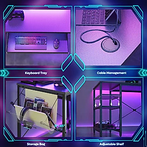 Bestier L Shaped Gaming Desk with Led Light 59.4 Inch Computer Corner Desk or 2 Person Long Table with Shelves Monitor Stand and Keyboard Tray for Home Office, Carbon Fiber Black