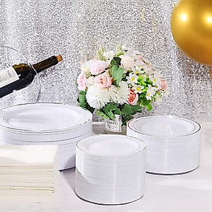 bUCLA 100Pieces Silver Plastic Plates -6.25inch Disposable Salad/Dessert Plates- White with Silver Rim Premium Hard Plastic Appetizer Plates/Small Cake Plates for Weddings,Parties&Christmas