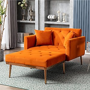 HomSof Adjustable Backrest Chaise Lounge Velvet Sofa Bed with Thick Padded, Convertible Reclining Chair with Rose Golden Metal Legs