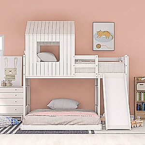 Merax House Shaped Solid Wood Bunk Bed with Roof, Window, Guardrail and Ladder for Kids, Teens, Girl or Boys