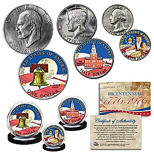 Merrick Mint 1976 Bicentennial 3-Coin Set Colorized Patriotic July 4th American Flag Collection - JFK/IKE/Quarter