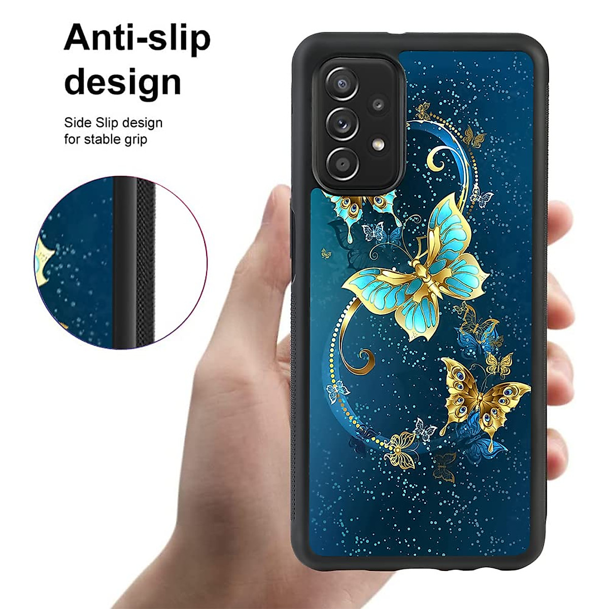 SAKUULO for Samsung Galaxy A52 5G Case, [Screen Protector + Kickstand] Blue Butterfly Design,Tire Texture Anti-Slip Shockproof Ultra Thin Protective Case for Galaxy A52 5G 6.5 Inch (2021)