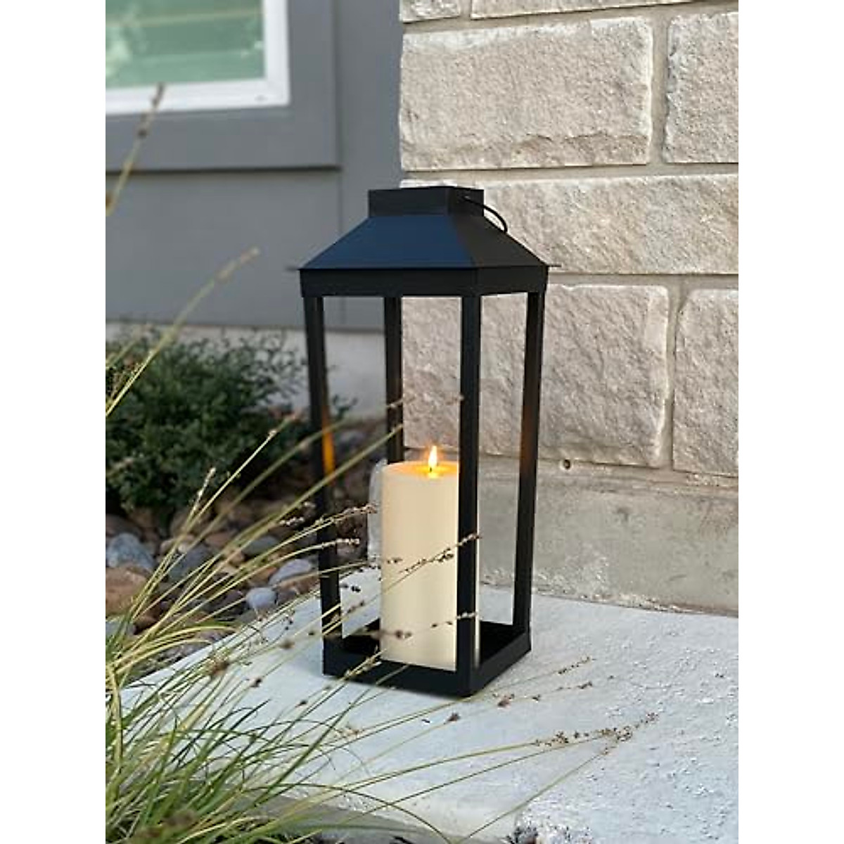 Large Outdoor Lantern Solar Powered - 19 Inch Tall, Black Metal, Open Frame (No Glass), Dusk to Dawn Timer, Flickering LED Light, Decorative Flameless Candle Lanterns for Porch or Patio