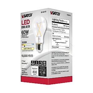 Satco S12415-8 Watt LED A19; Clear; Medium Base; 3000K 2 LED Bulbs