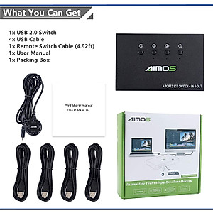 USB Switch Selector 4 Port, AIMOS USB KVM Switcher 4 Computers Sharing 4 USB Devices One-Button Swapping, for Share Mouse, Keyboard, Printer, Scanner, with 4 USB Cables