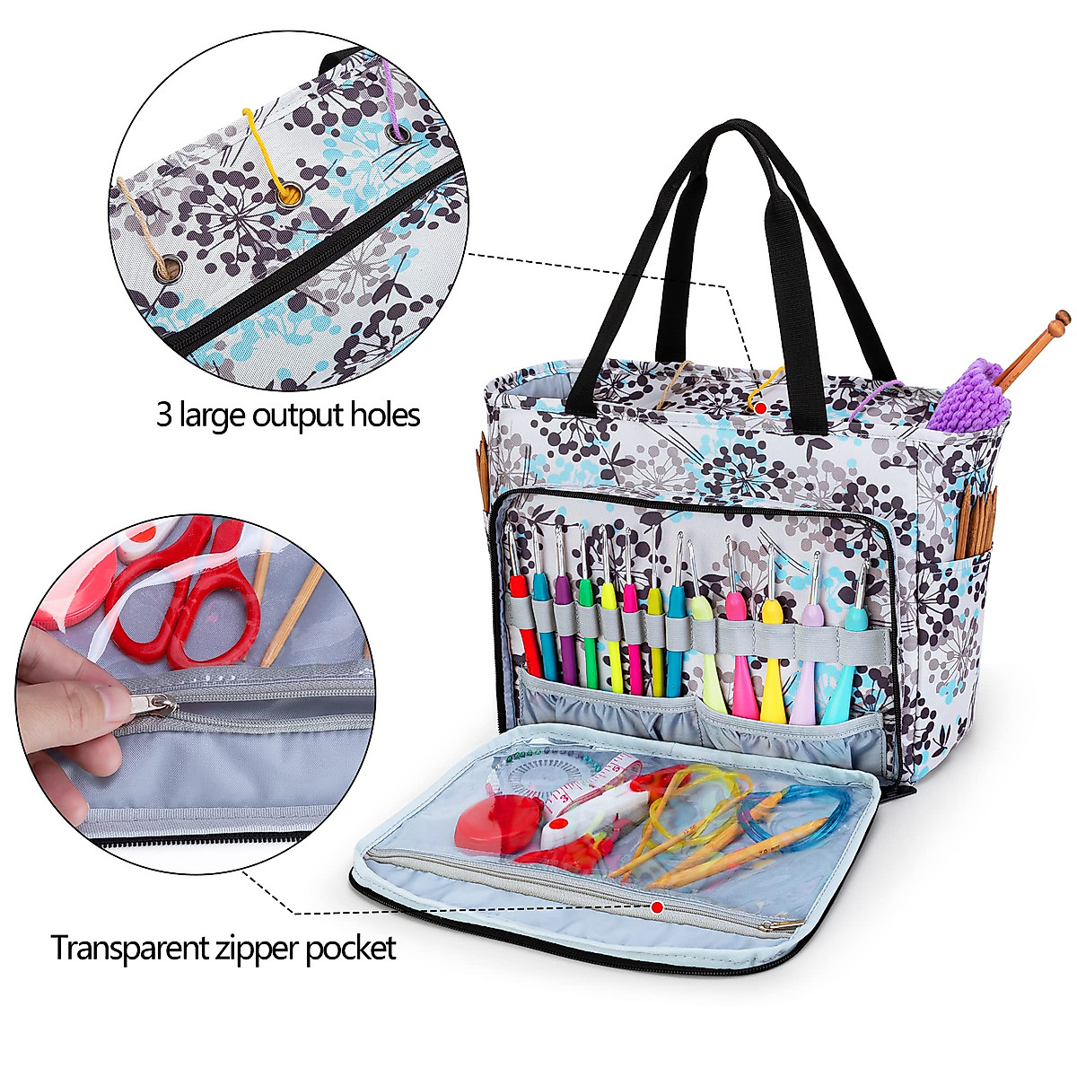 CURMIO Knitting Tote Bag, Yarn Storage Bag with Pockets for Crochet Hooks, Knitting Needles, Knitting Project and Accessories, Dandelion (Bag Only, Patented Design)