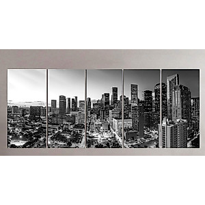 BoxColors - XLARGE 30"x 70" 5 Panels 30"x14" Ea Art Canvas Print Houston Texas skyline Black & white Wall Home decor (framed 1.5" depth)