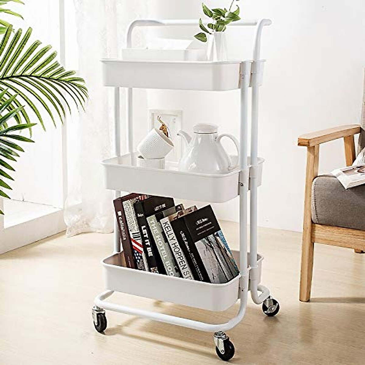 CLIPOP 3-Tier Rolling Utility Cart with Ergonomic Handle & Lockable Mute Wheels, Multifunctional Metal Organizer Storage Trolley Service Cart for Kitchen Living Room Office (White)