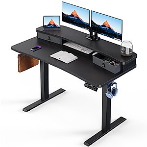 HUANUO 48″ x 24″ Electric Standing Desk with 2 Drawers, C-Clamp Mount Compatible, Height Adjustable Computer Desk, Home Office Stand Up Desk with 4 Preset Heights & 2 Hooks, Black